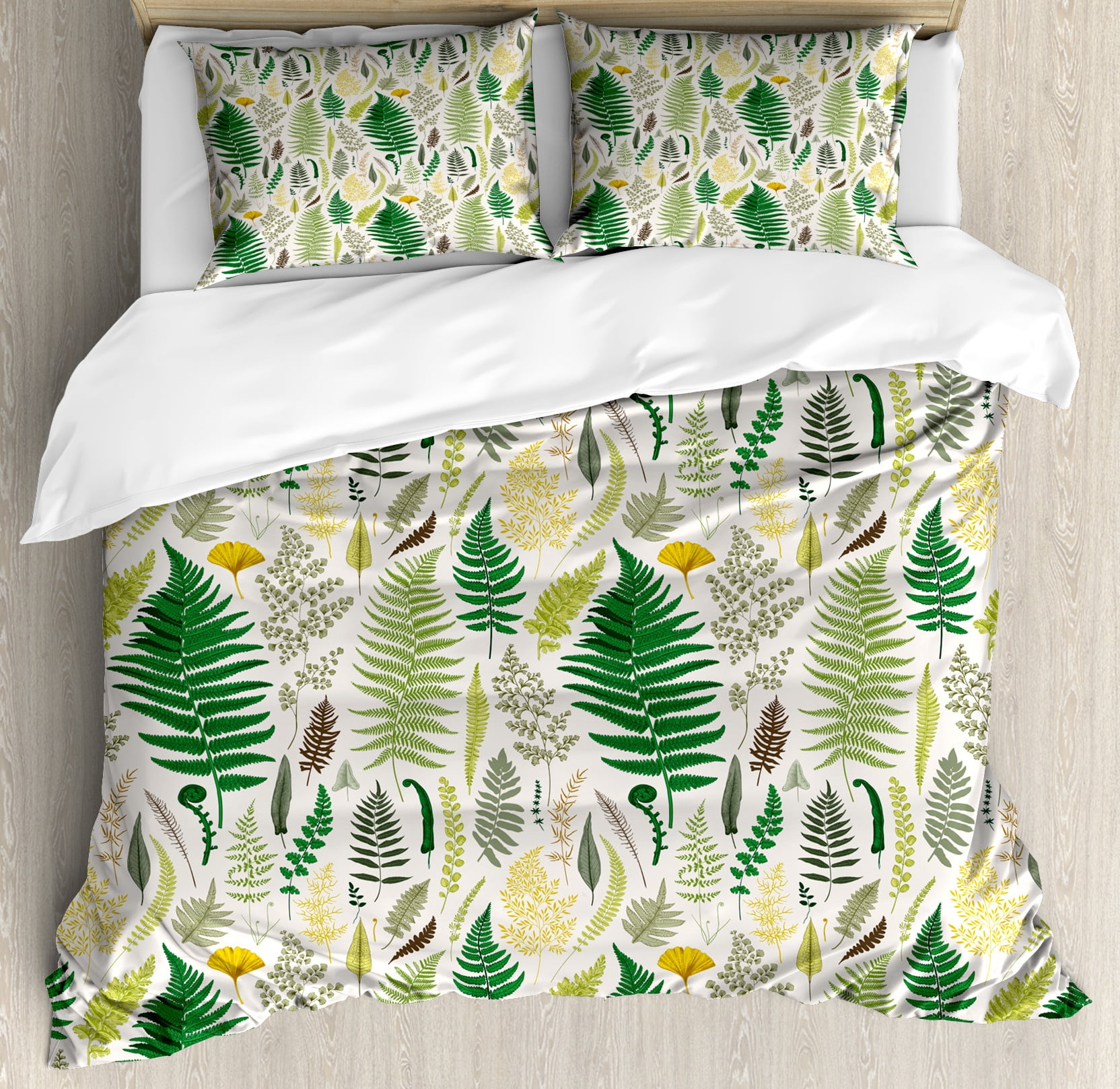 Woodland Duvet Cover Set, Old Engraved Vintage Art Colored Ferns and ...