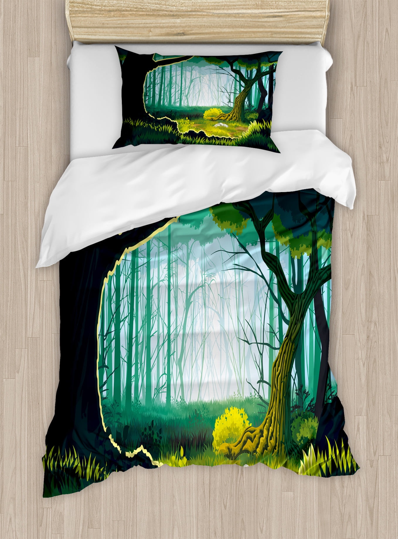 Woodland Duvet Cover Set, View of a Forest Landscape Outdoor Scene ...