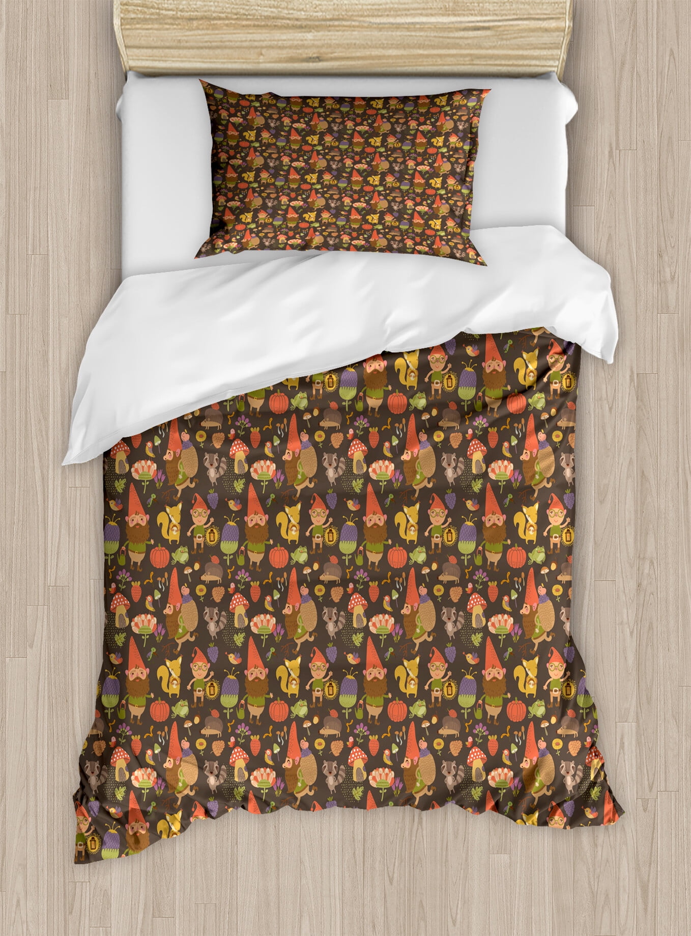 Woodland Duvet Cover Set, Vintage Art Style Image of Smiling Gnomes and ...
