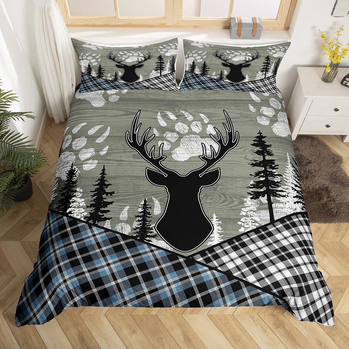 Woodland Elk Deer Comforter Cover,Blue Black Buffalo Checked Plaid Grid ...