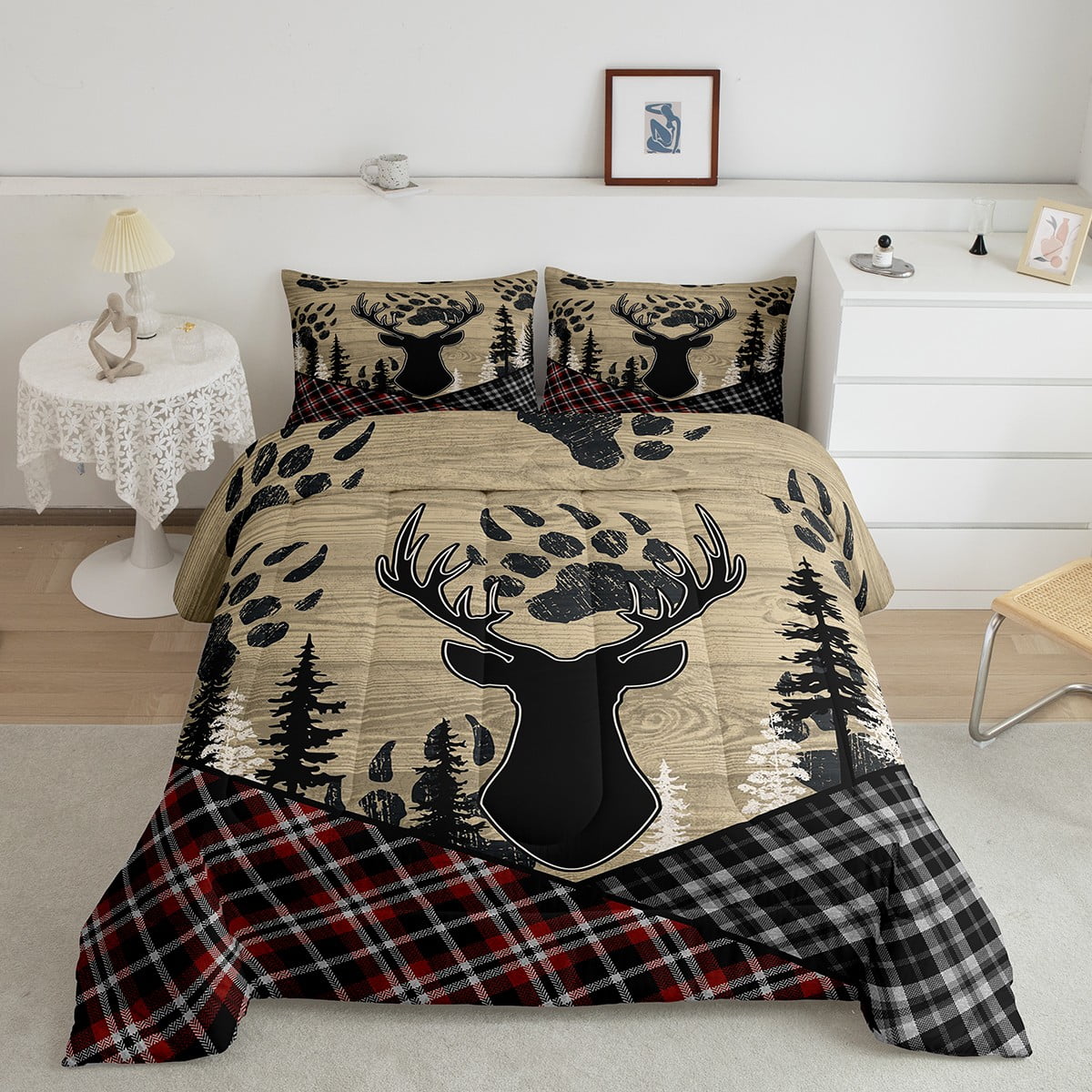 Woodland Elk Deer Quilt for Boys Girls,Red Black Buffalo Checked Plaid ...