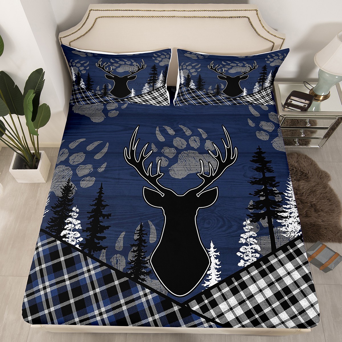 Woodland Elk Deer Sheets for Boys Girls,Black White Buffalo Checked ...