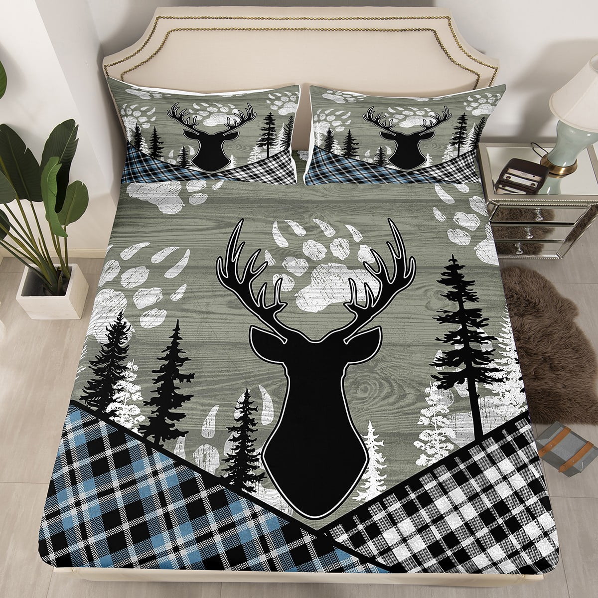 Woodland Elk Deer Sheets for Boys Girls,Blue Black Buffalo Checked ...