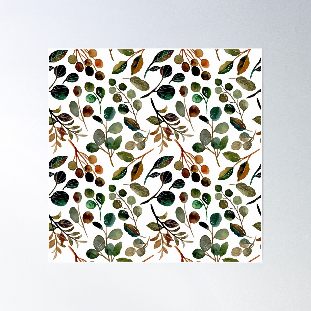 Woodland Foliage, Watercolor Leaves Pattern Poster Wall Art, Modern ...