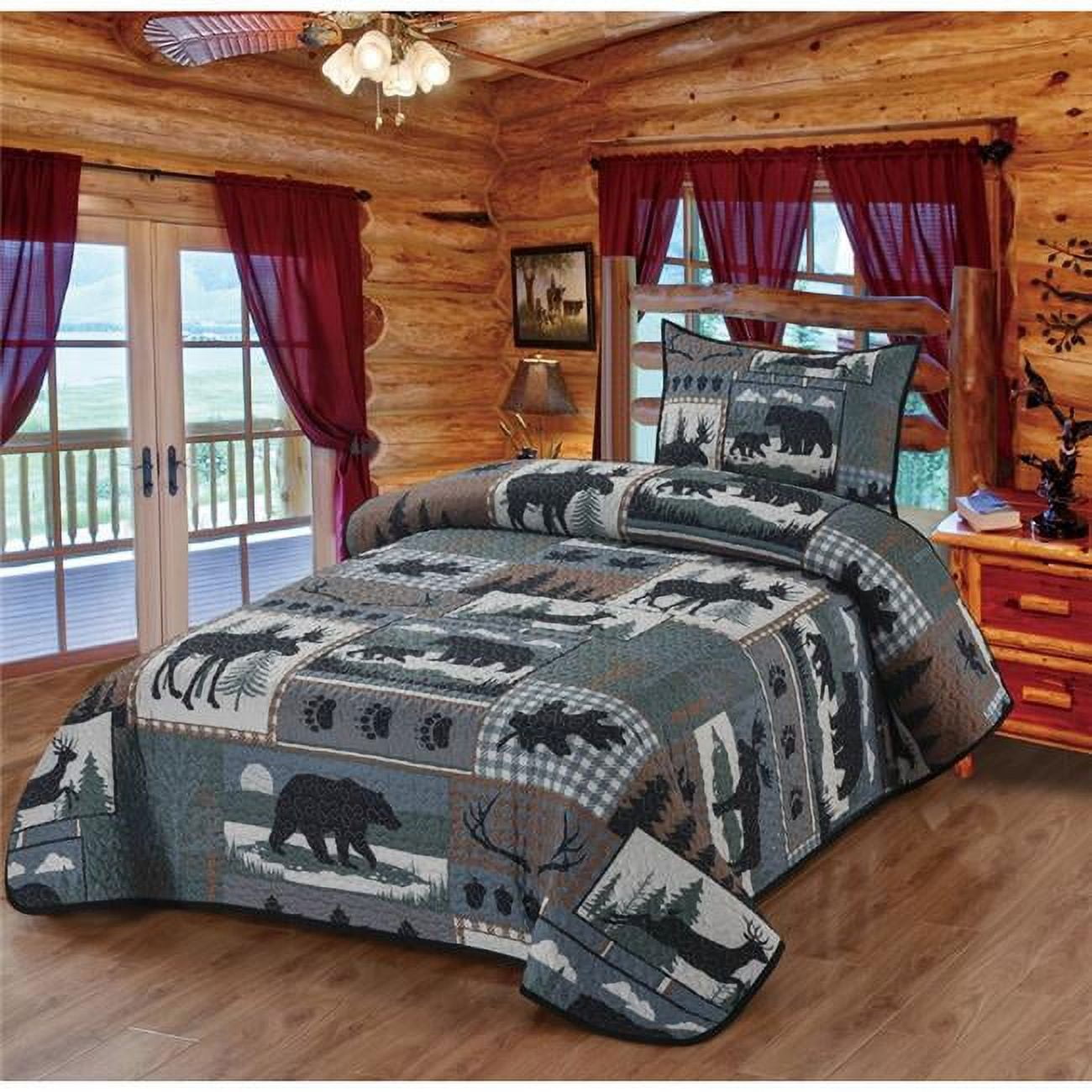 Woodland Forest Patchwork Checkered Quilt Quilted Bedding Set, Multi ...