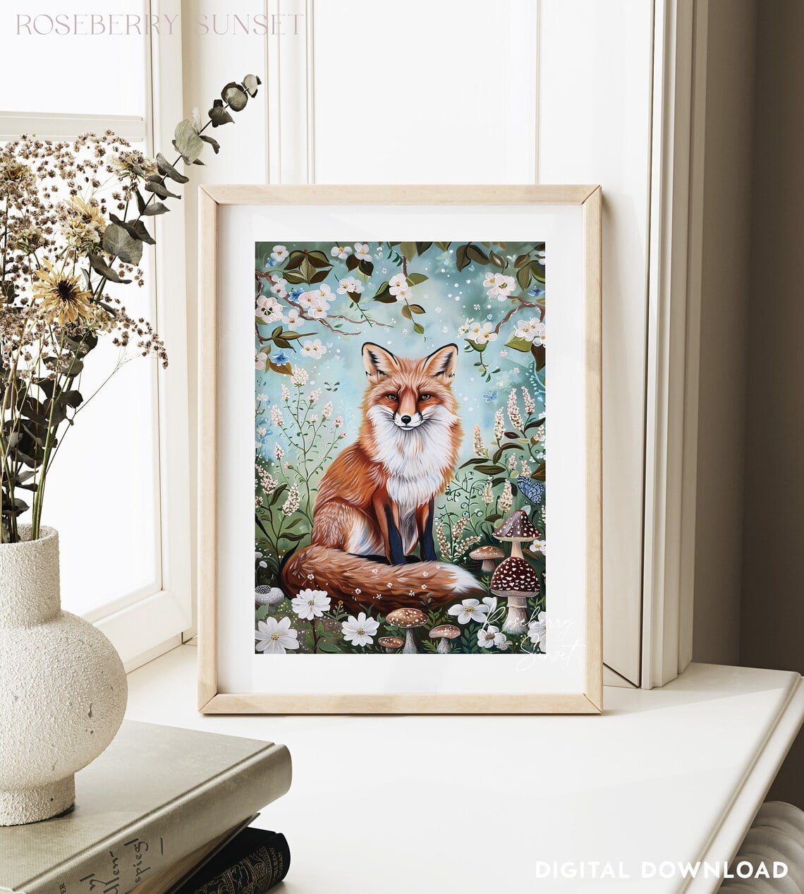 Woodland Fox White Floral Forest Mushrooms Painting Art Print, Spring ...