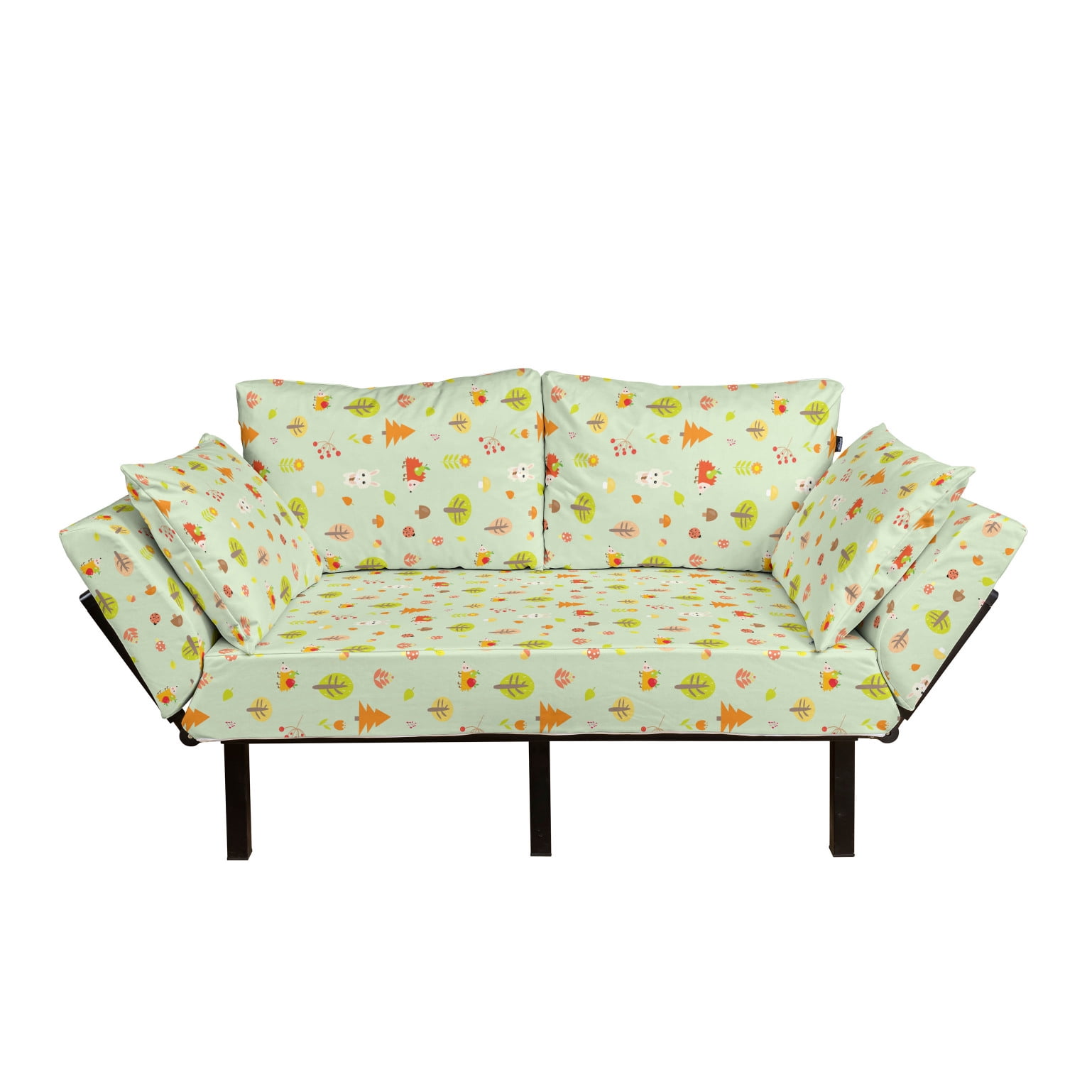 Woodland Futon Couch, Cartoon Pattern of Autumn Forest Elements Trees ...