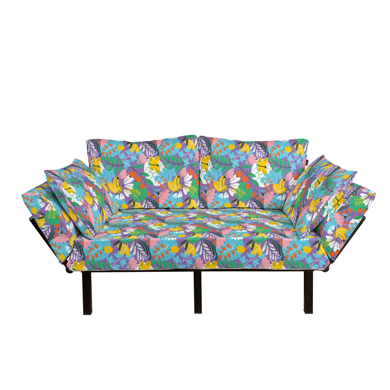 Woodland Futon Couch, Doodle Flora Lily Ladybug Butterfly Jungle Leaves ...