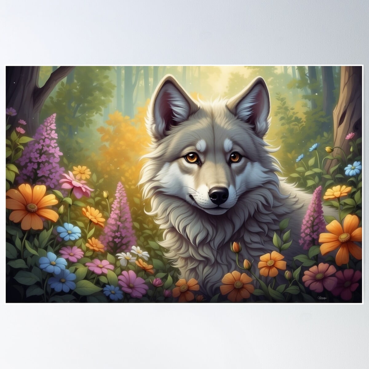 Woodland Gaze: Majestic Wolf In Enchanted Floral Grove Poster Wall Art ...
