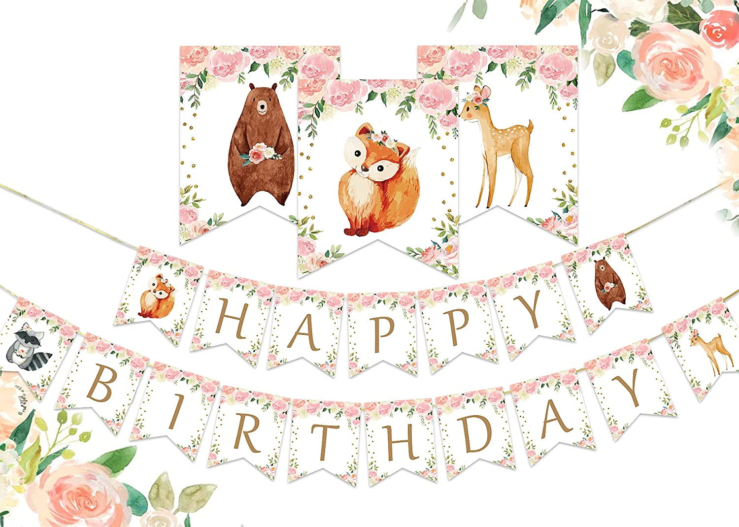 Woodland Happy Birthday Banner, Forest Animal Creatures Bunting Banner ...