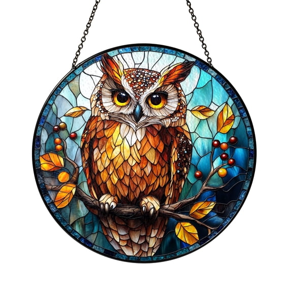 Woodland Night Owl Stained Glass Style Suncatcher, Bird Window Hanging ...