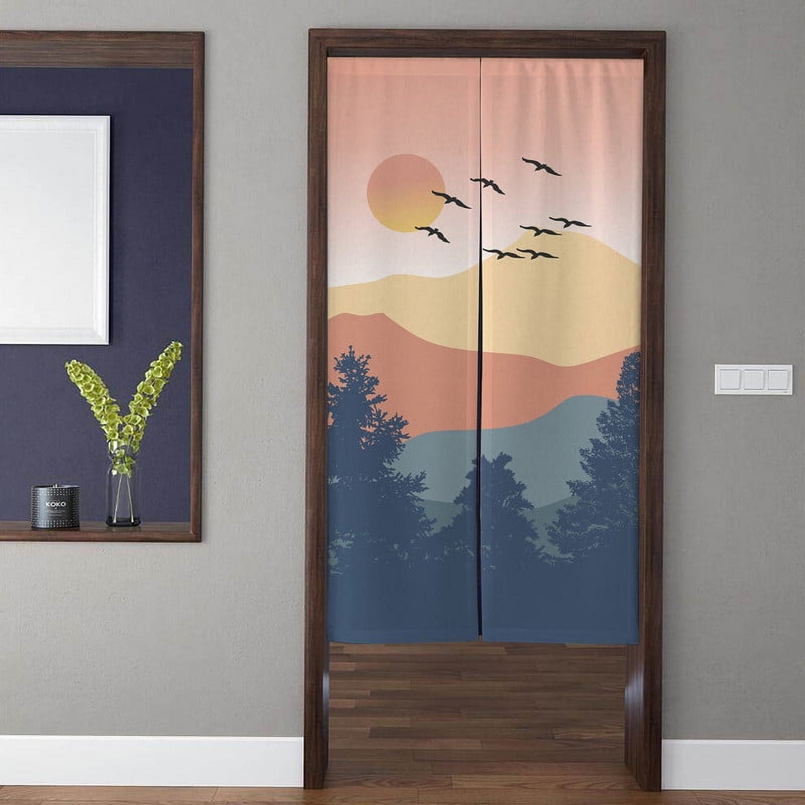Woodland Noren Door Curtain Bohemia Art Sunset bird woods Pattern ...
