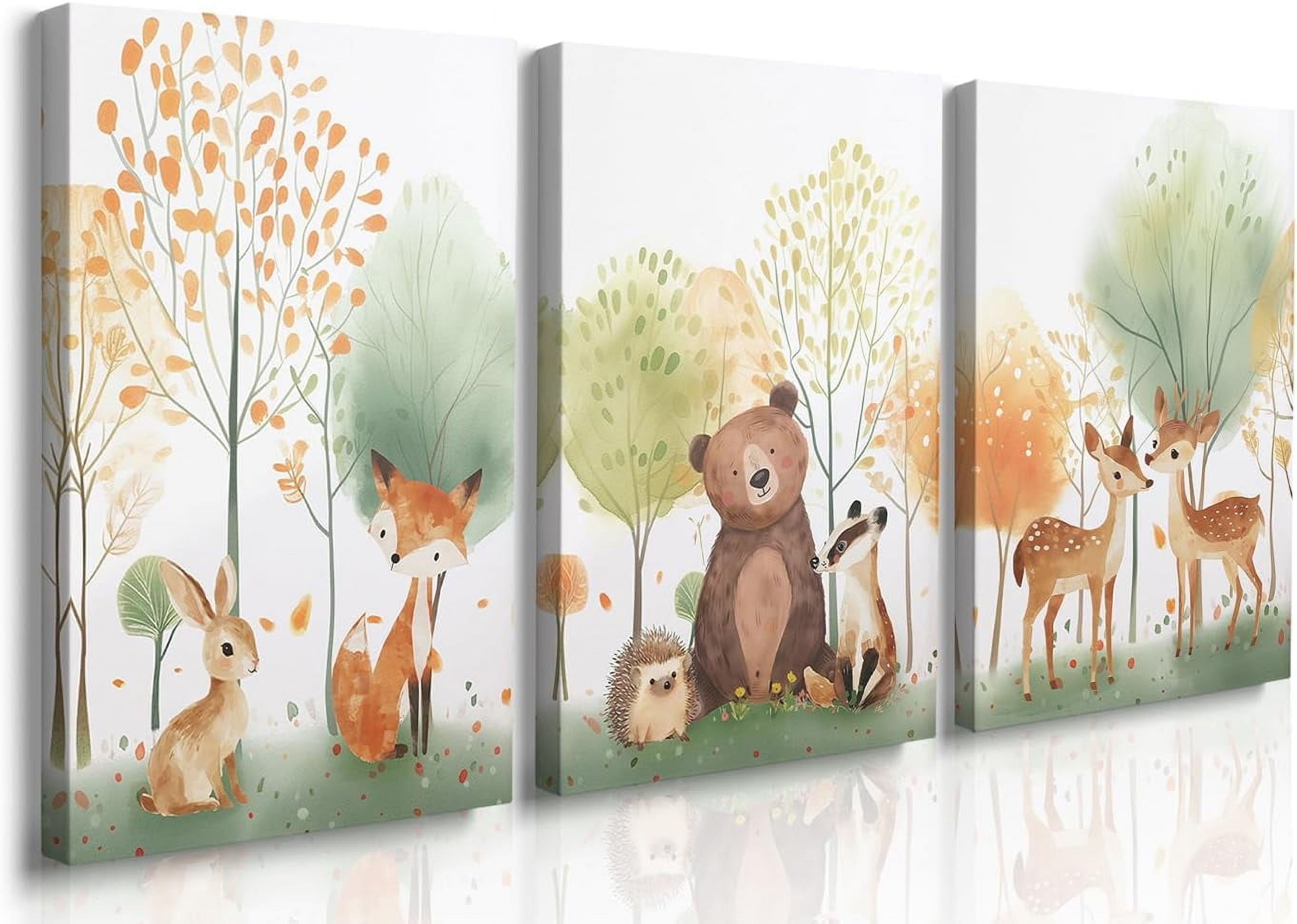 Woodland Nursery Canvas Wall Art of 3,Watercolor Woodland Forest Wild ...