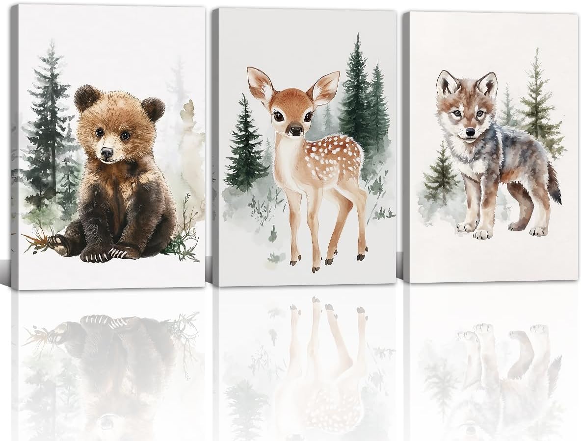 Woodland Nursery Wall Art Wolf Deer Fox Painting Prints Forest Wild ...