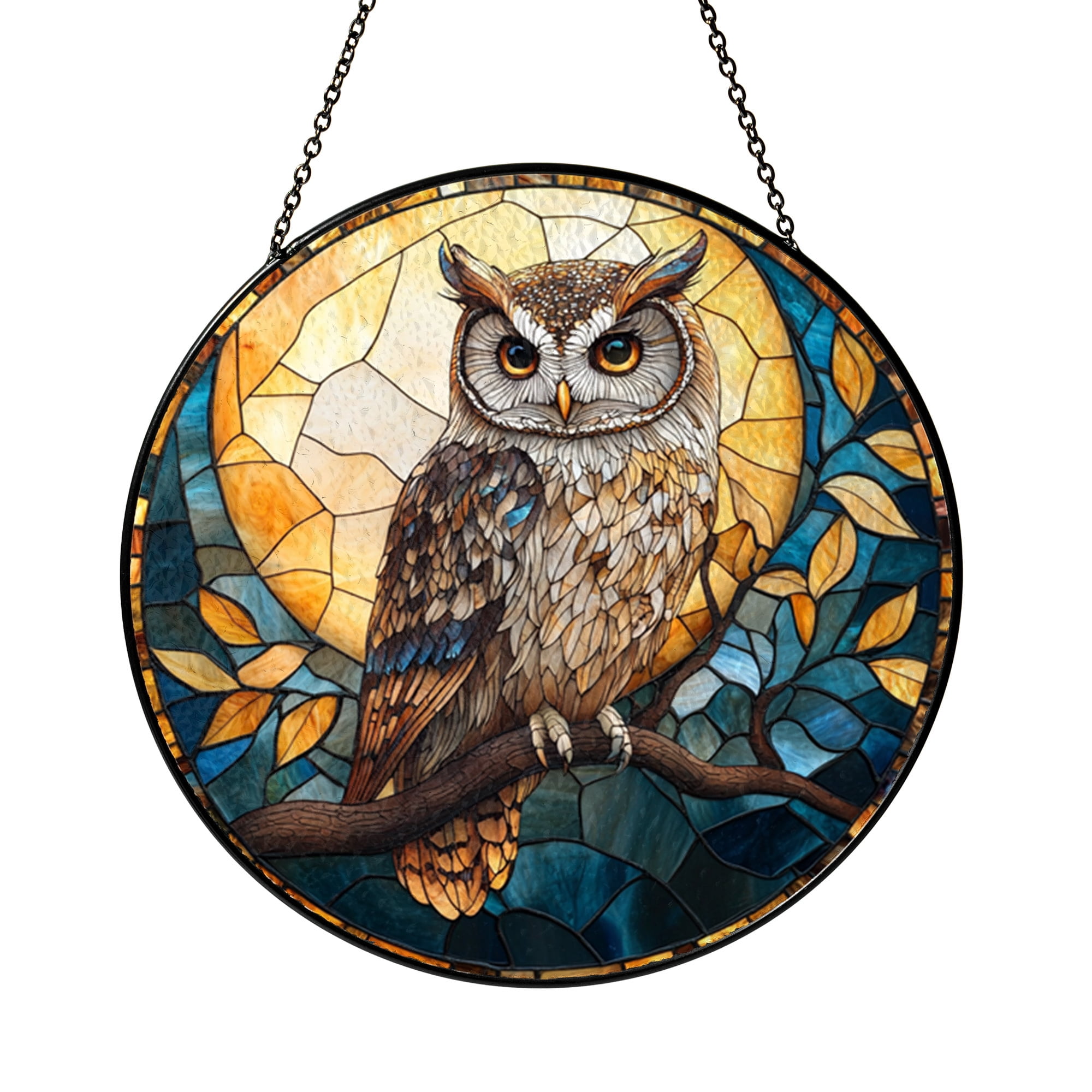 Woodland Owl Design Faux Stained Glass Decorative Window Hanging ...