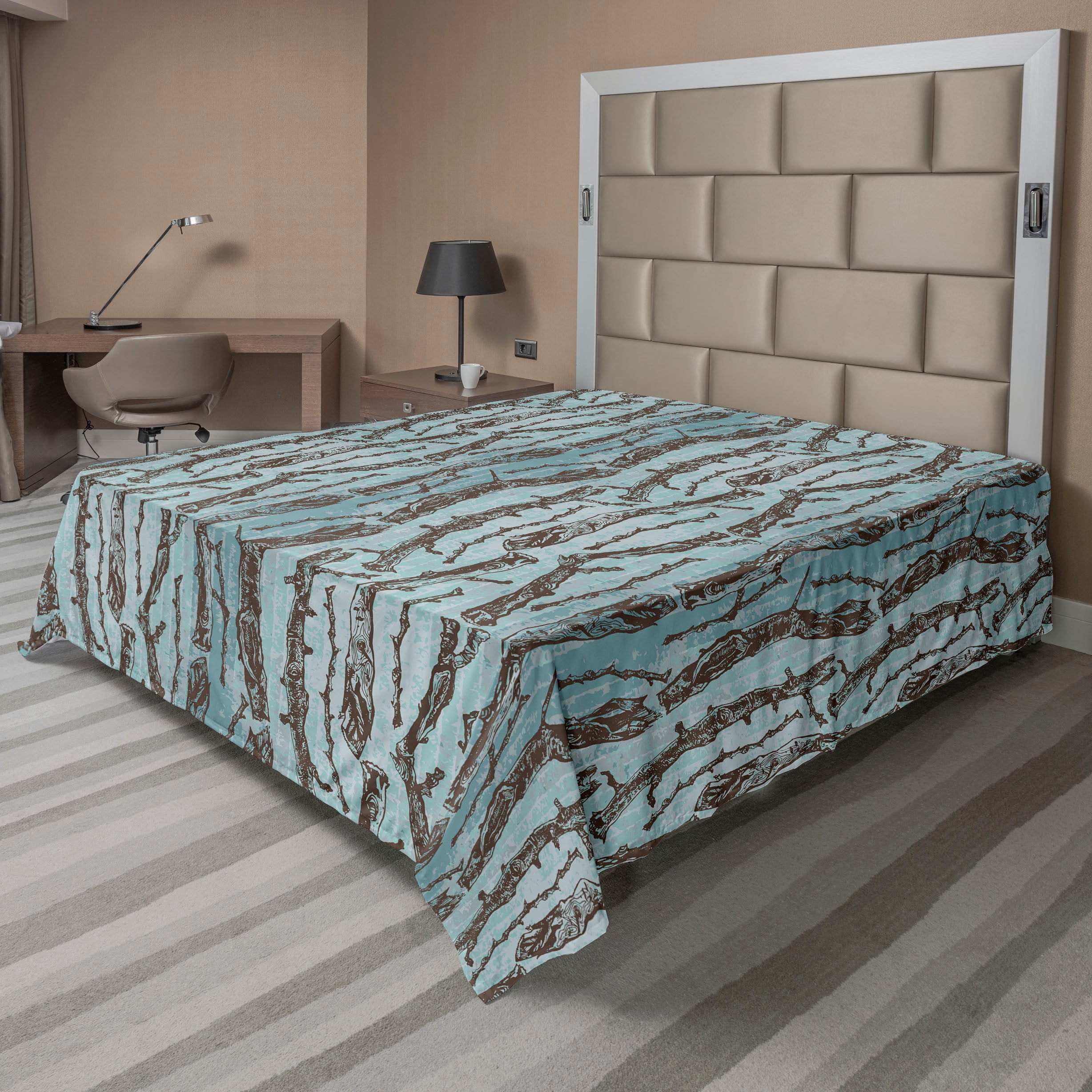 Woodland Pattern Flat Sheet, Sketch Style Drawn Tree Branches on Grunge ...