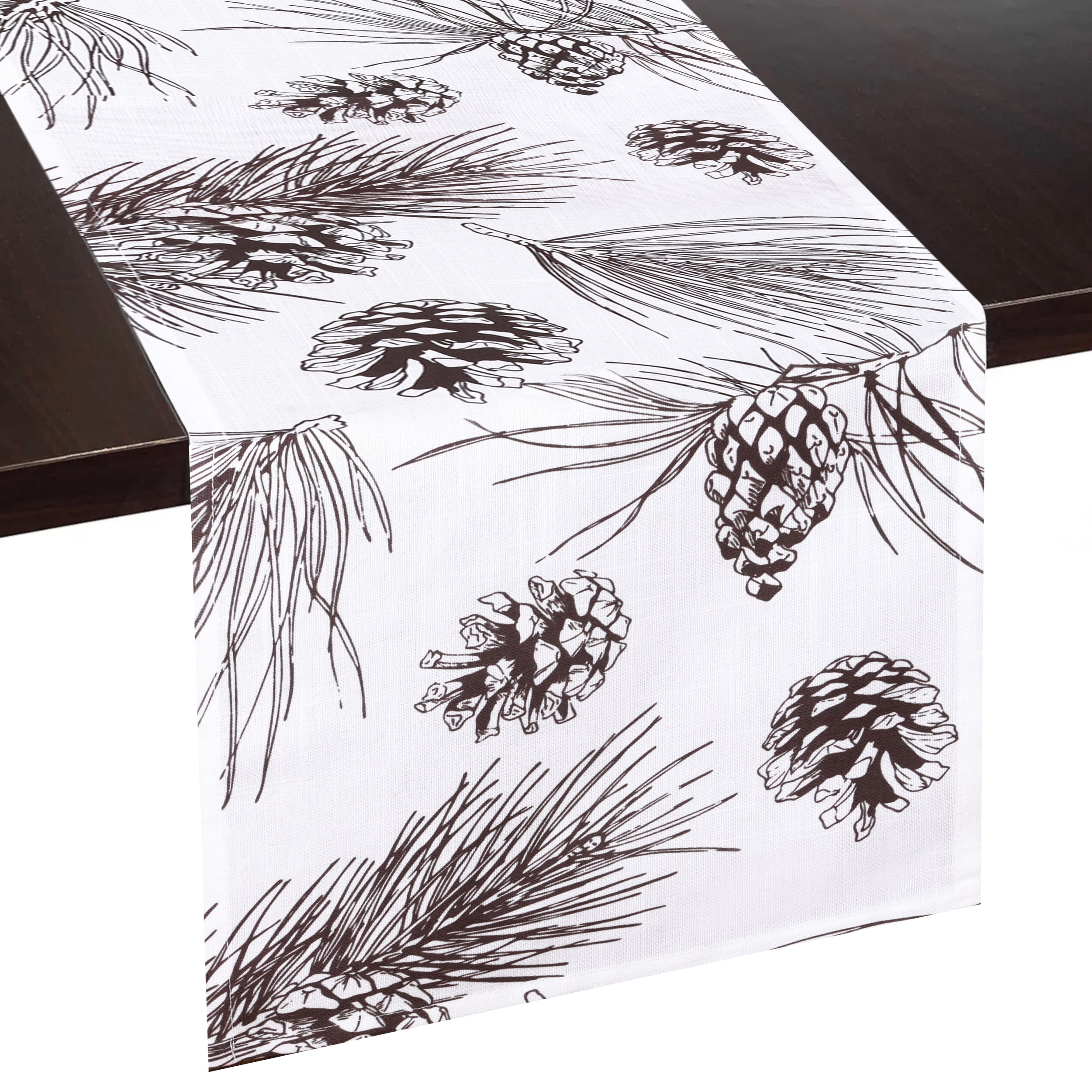 Woodland Pinecone Table Runner Rustic Winter Decor Dark Brown on White ...