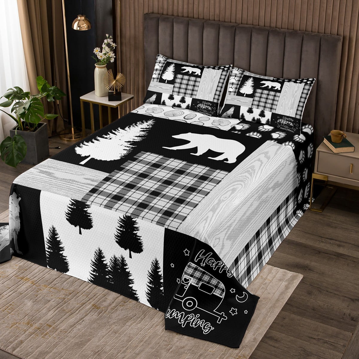 Woodland Quilt Set Hunting Bear Wolf Buffalo Plaid Patchwork Bedspread ...