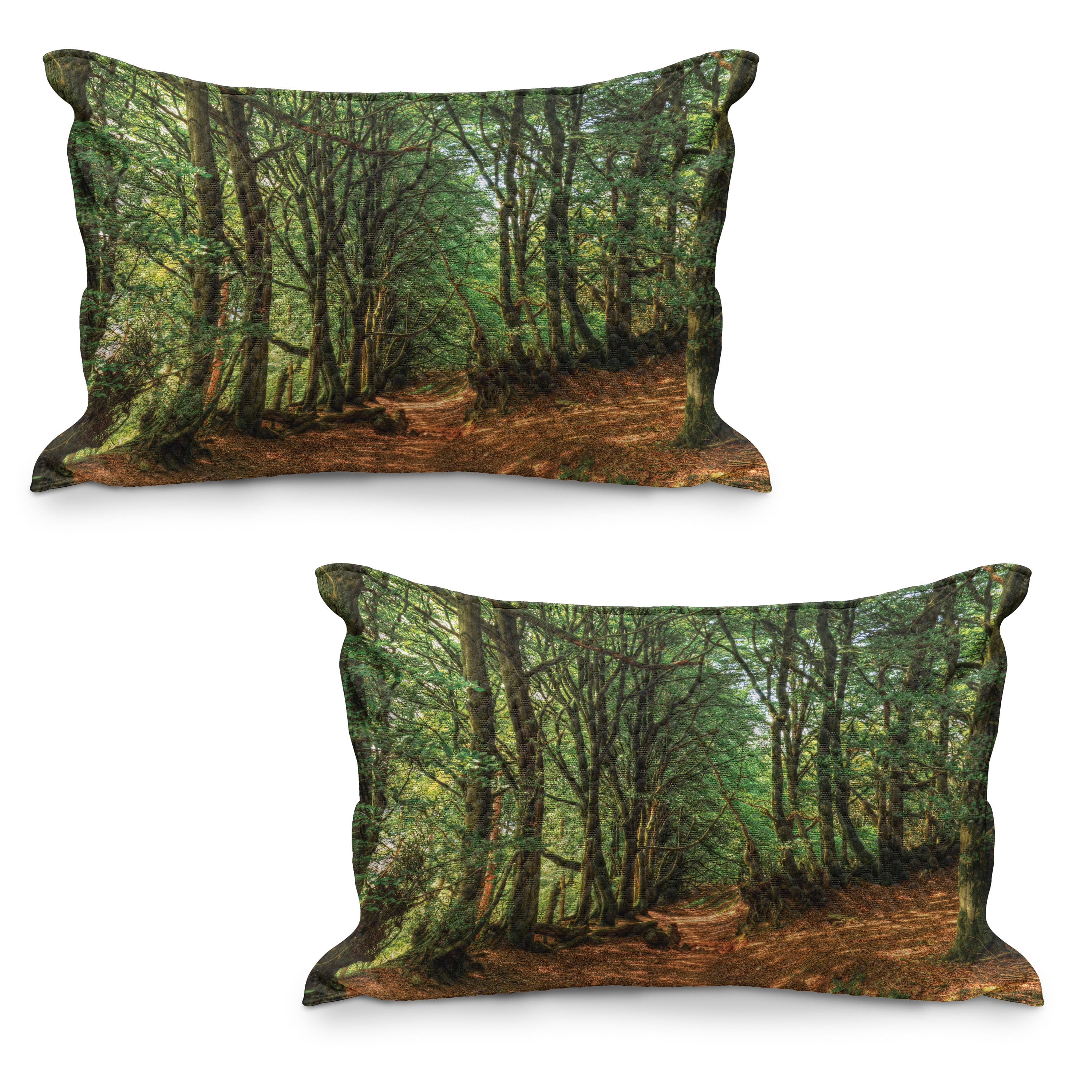 Woodland Quilted Pillowcover Set of 2, Forest Scene Trees and Pathway ...