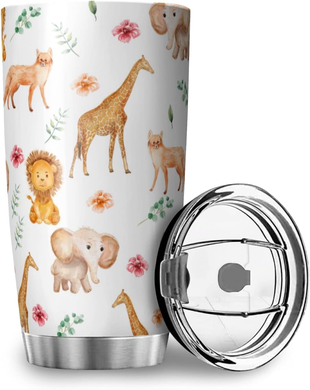 Woodland Safari Animals Boho Flowers 20oz Tumbler with Lid Cartoon Lion ...