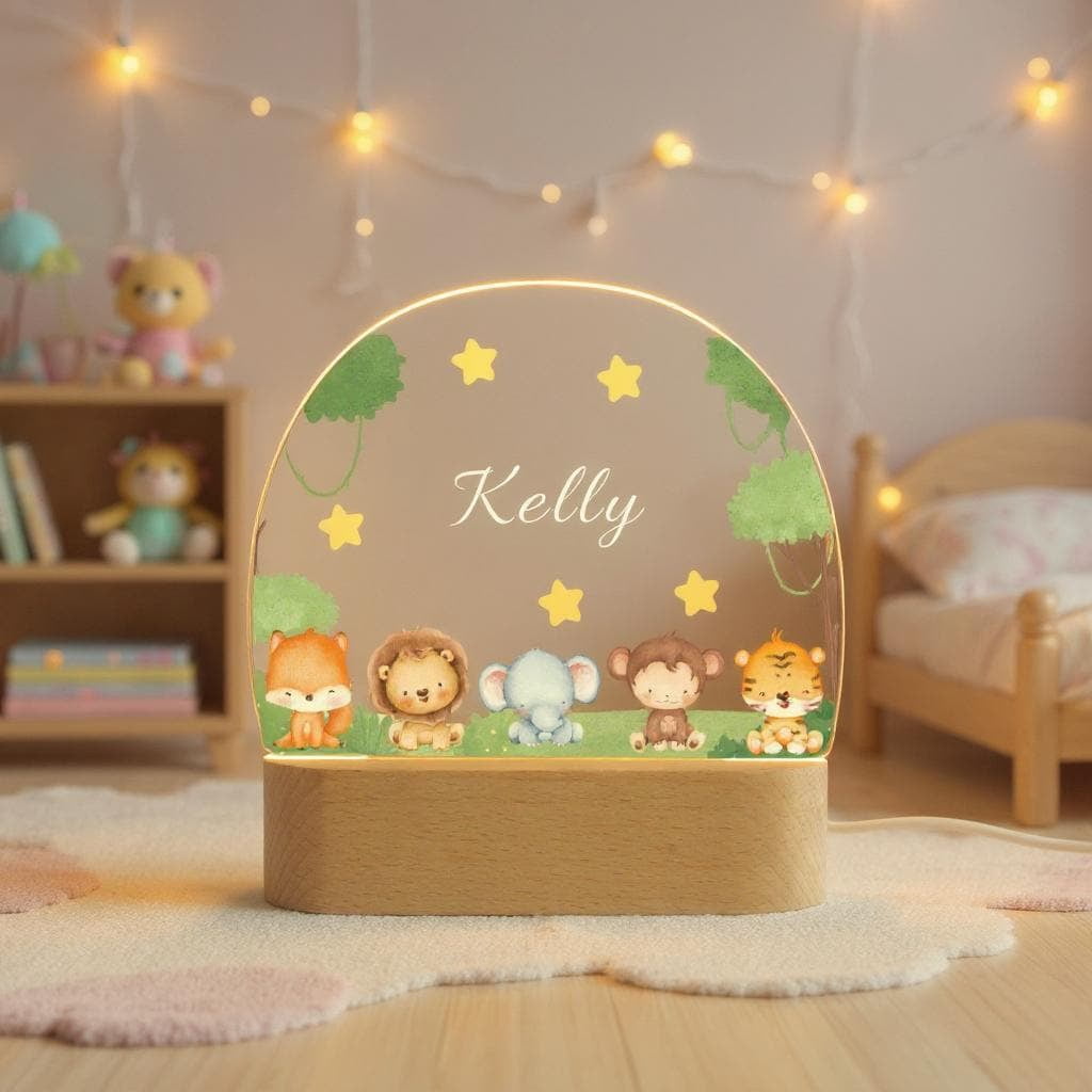 Woodland Safari Animals Custom Night Light Acrylic Display Wooden Base ...