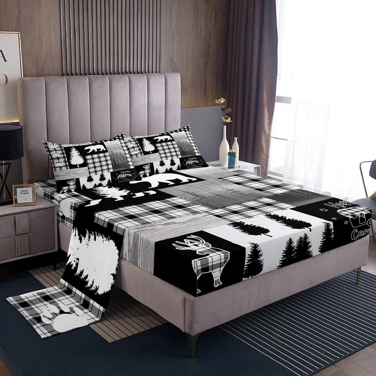 Woodland Sheet Set Hunting Bear Deer Patchwork Buffalo Plaid Bed Sheets ...