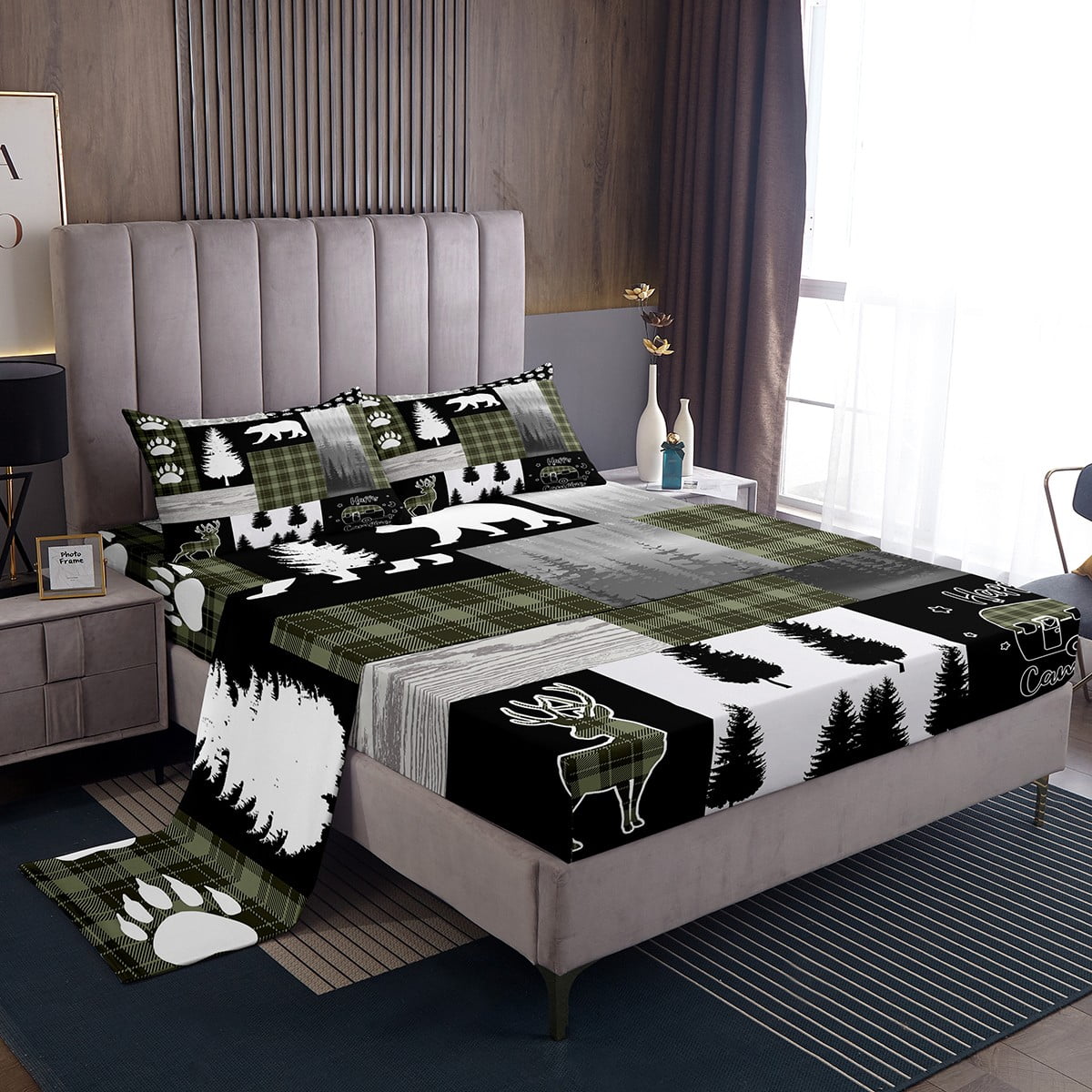 Woodland Sheet Set Hunting Bear Deer Patchwork Green Buffalo Plaid Bed ...