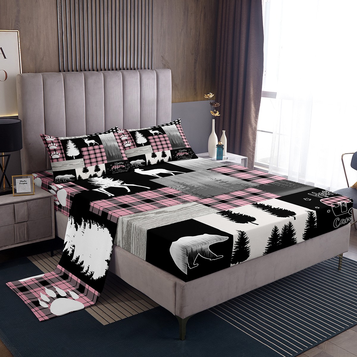 Woodland Sheet Set Hunting Bear Deer Patchwork Pink Buffalo Plaid Bed ...