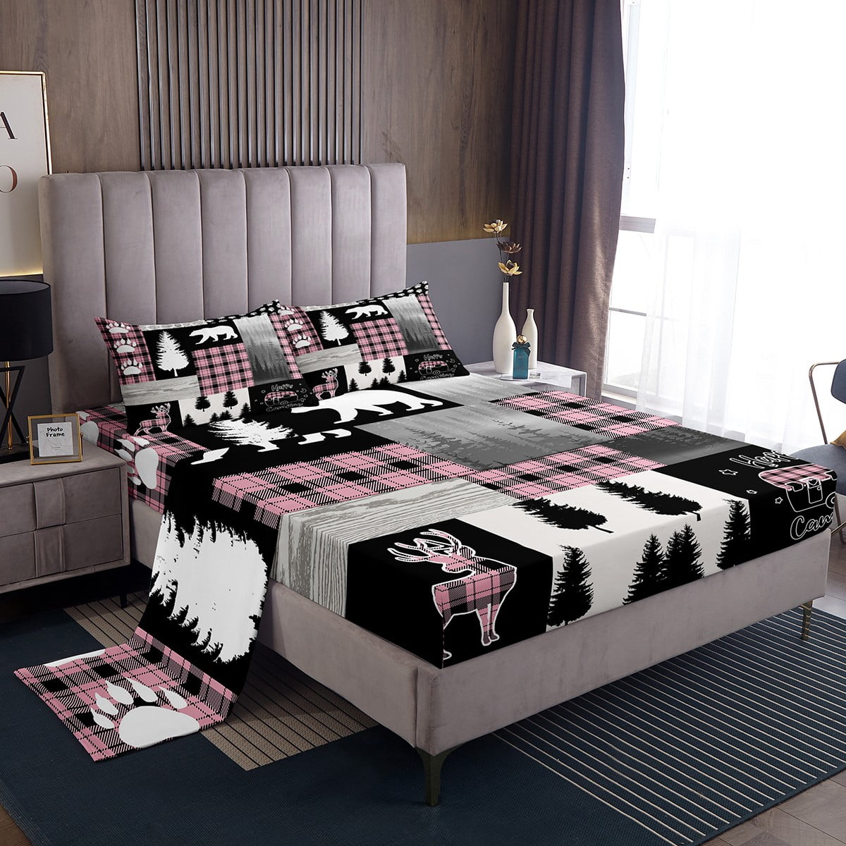 Woodland Sheet Set Hunting Bear Deer Patchwork Pink Buffalo Plaid Bed ...