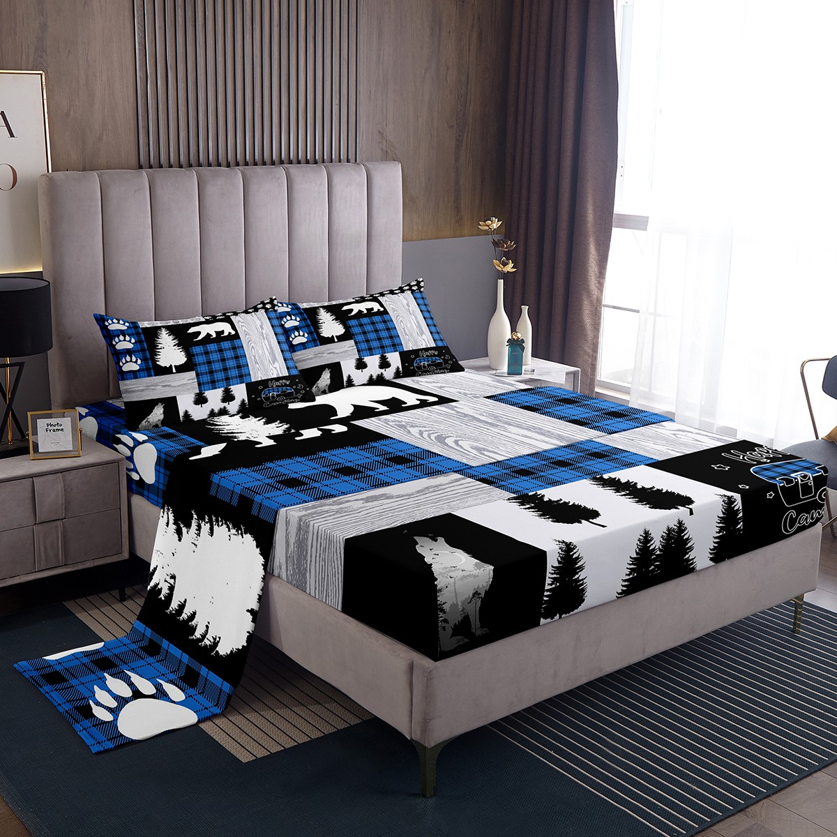 Woodland Sheet Set Hunting Bear Wolf Blue Buffalo Plaid Patchwork Bed ...