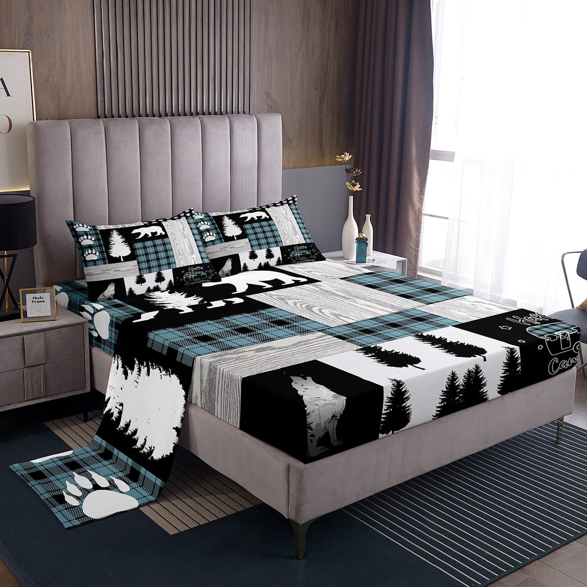 Woodland Sheet Set Hunting Bear Wolf Teal Buffalo Plaid Patchwork Bed ...