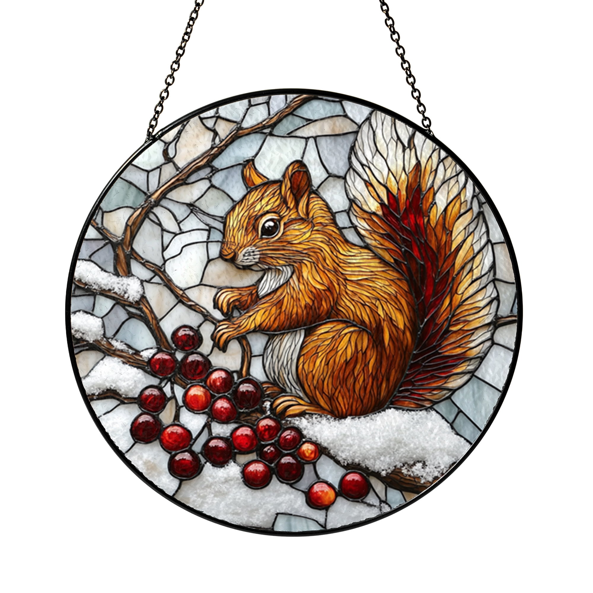 Woodland Squirrel Stained Glass Suncatcher, Winter Berry Window Panel ...