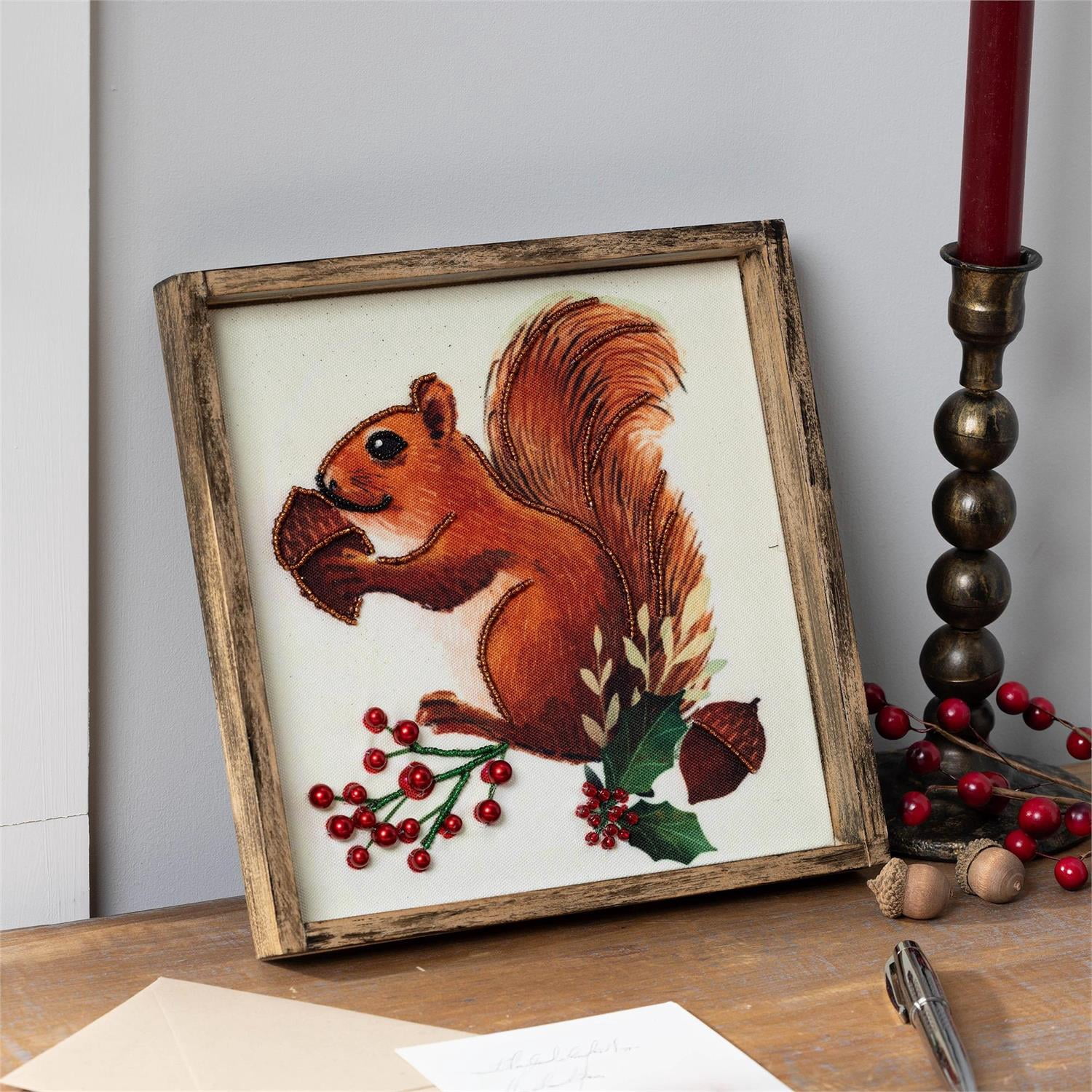 Woodland Storybook Wall Decor, Wood & Textile, Beaded Squirrel, 8" L x ...