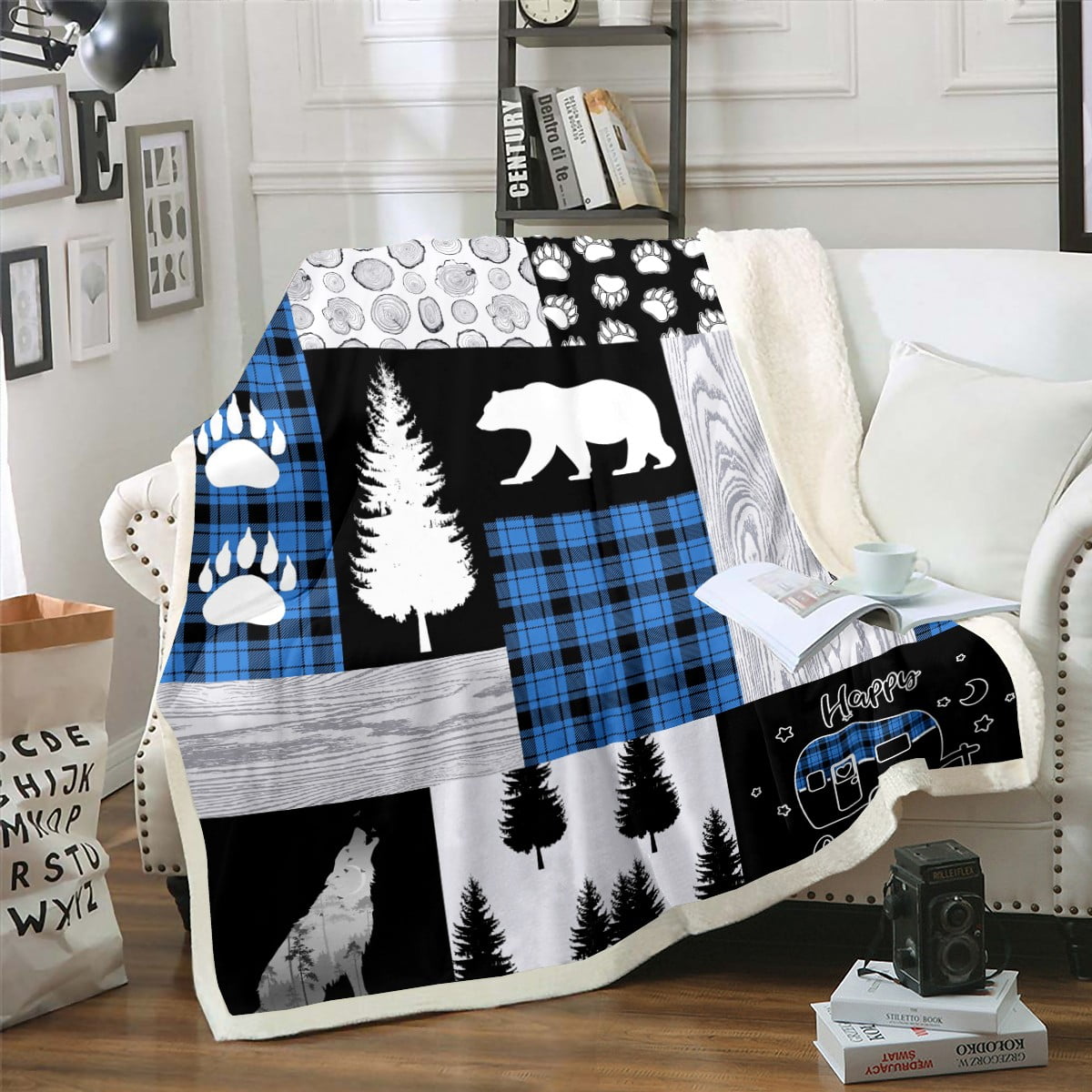 Woodland Throw Blanket Hunting Bear Wolf Blue Buffalo Plaid Patchwork ...