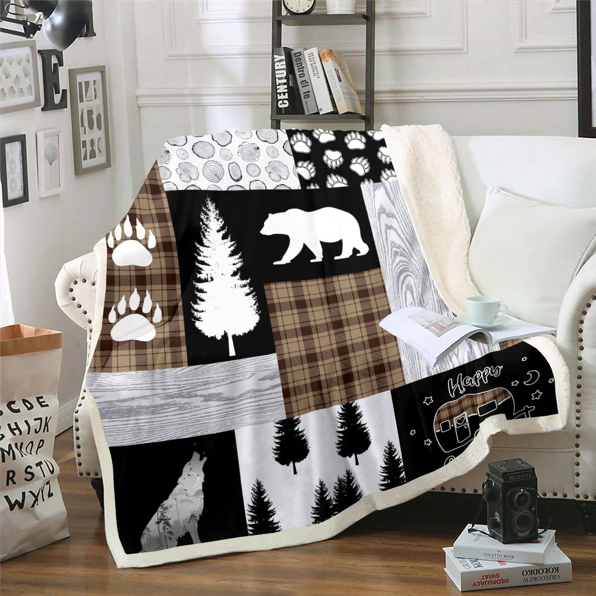 Woodland Throw Blanket Hunting Bear Wolf Brown Buffalo Plaid Patchwork ...
