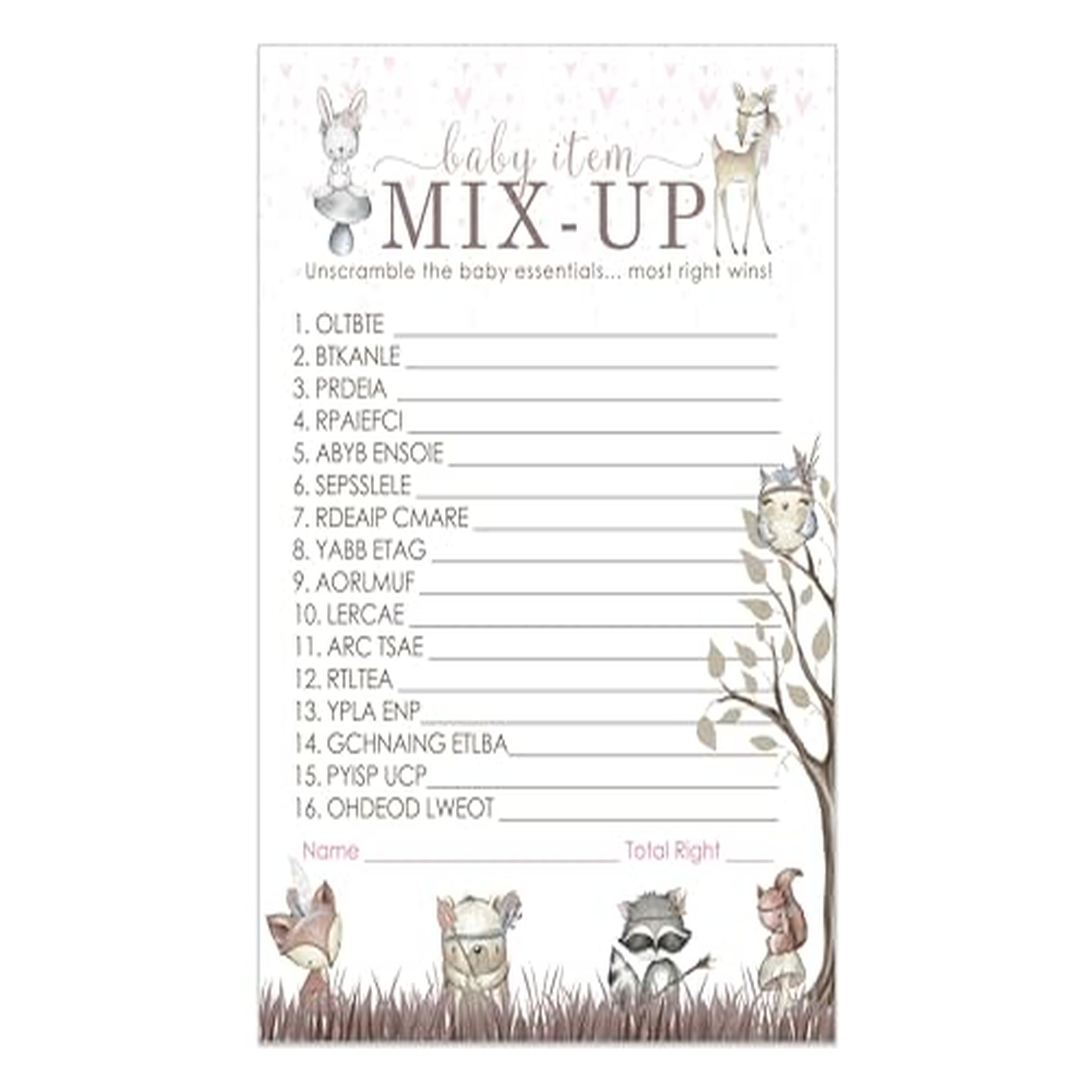 Woodland Whimsy Baby Shower Word Scramble Game - Fun Activity Cards for ...