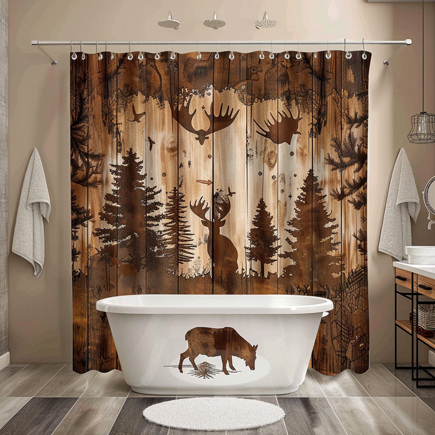 Woodland Wildlife Shower Curtain Brown Bathroom Decor with Bear Deer ...