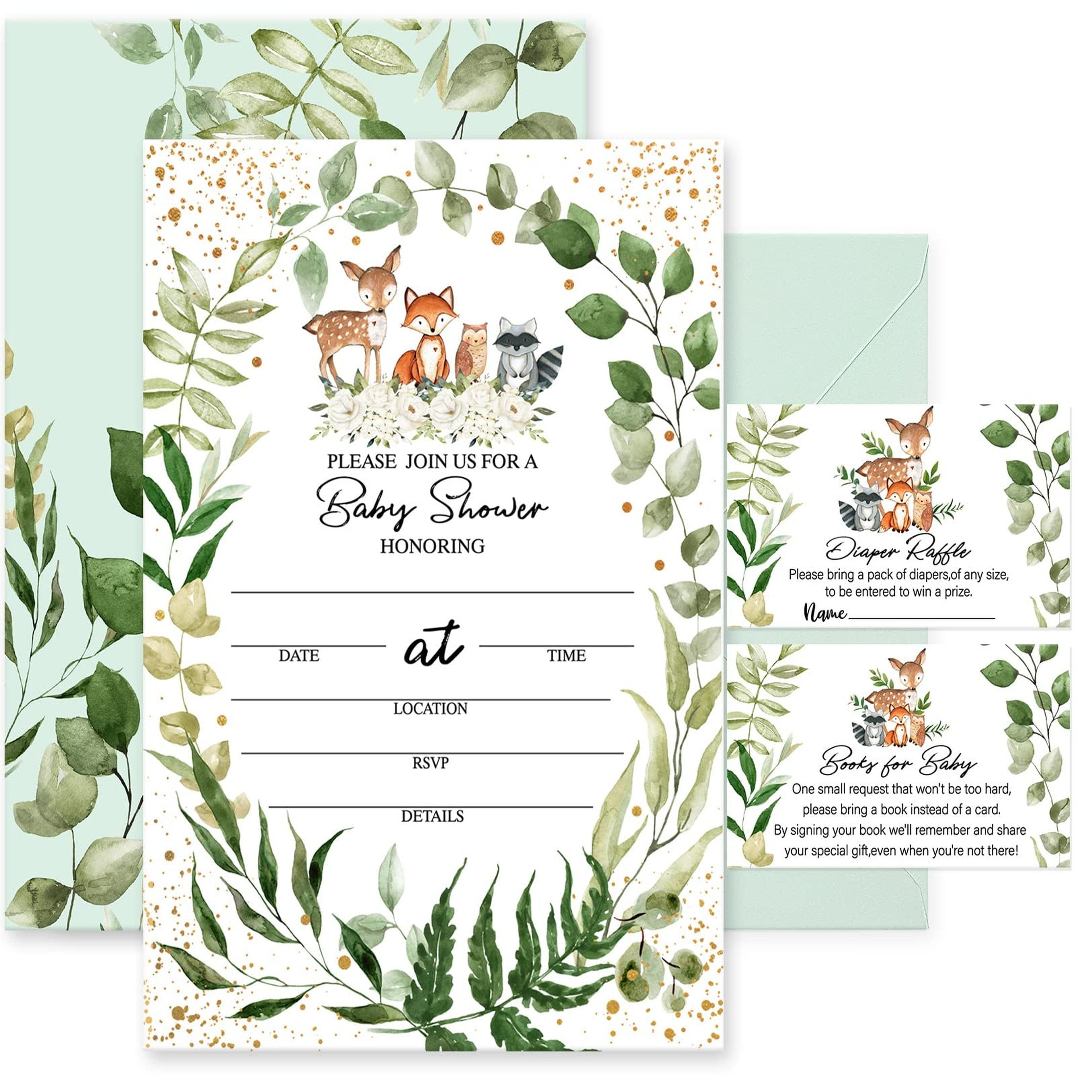 Woodlands Greenery Baby Shower Invitation Set with Diaper Raffle Tickets and Book Request Cards ...