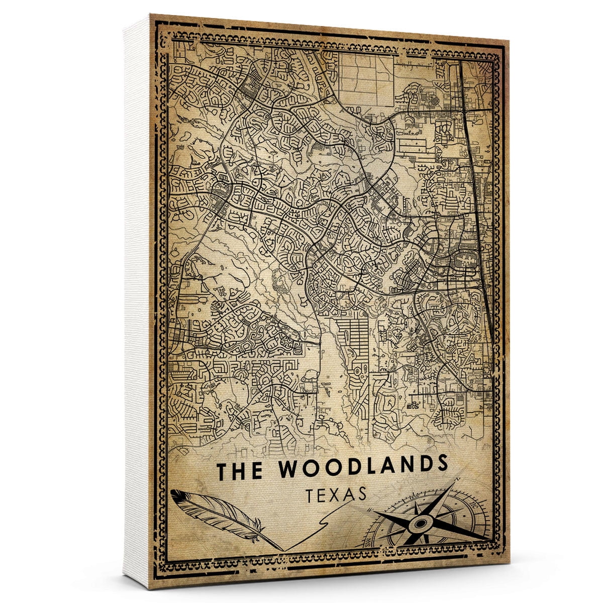 The Woodlands Vintage Map Prints Canvas, Texas Map Art Canvas, Canvas ...