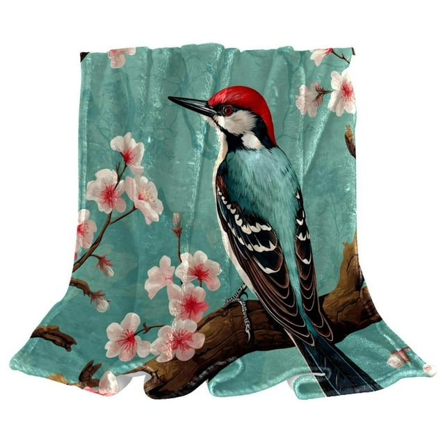 Woodpecker Bird on Red Berries Branch Warm Cozy Throw Blanket ...