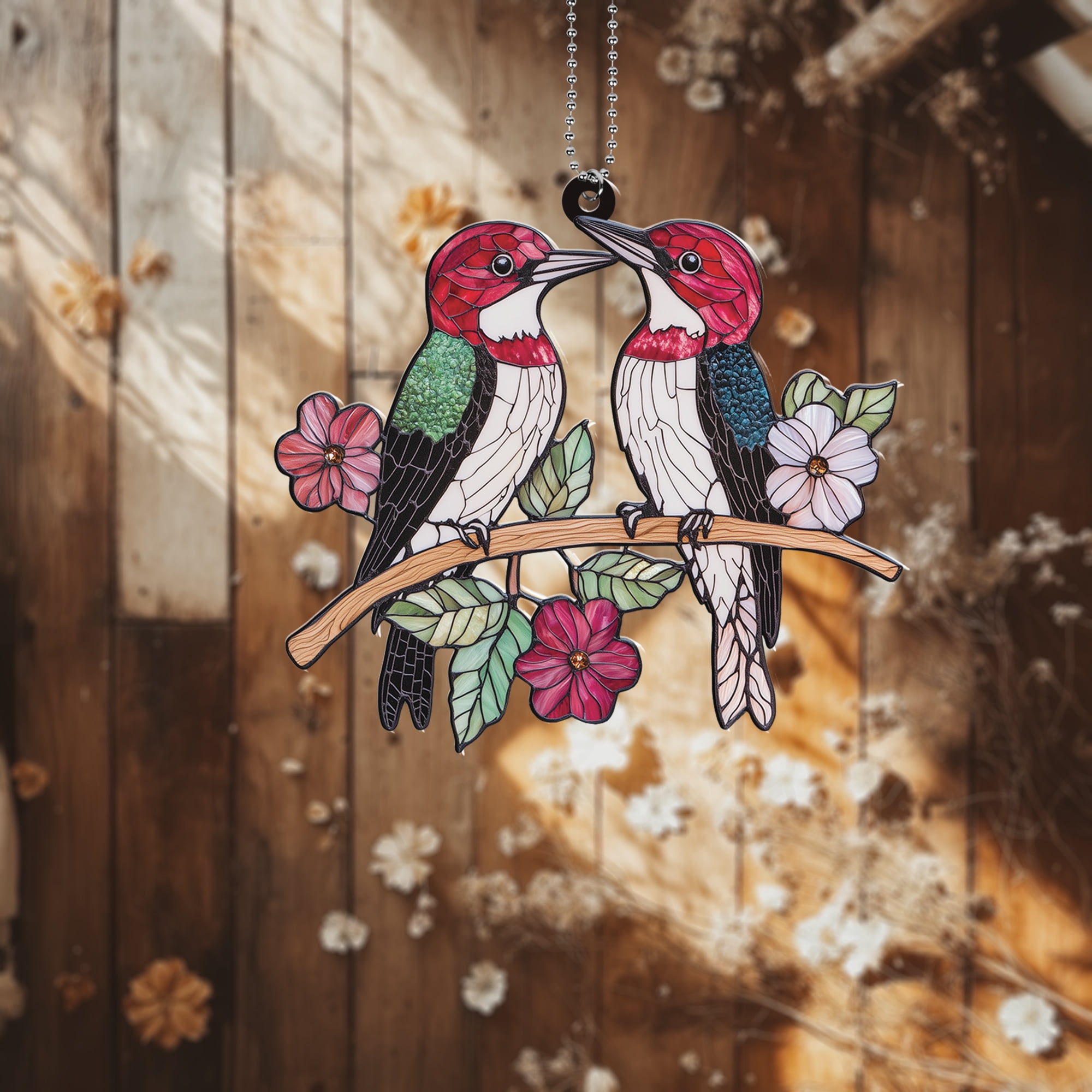 Woodpecker Couple Ornament - Stained Glass Acrylic Hanging, Romantic ...