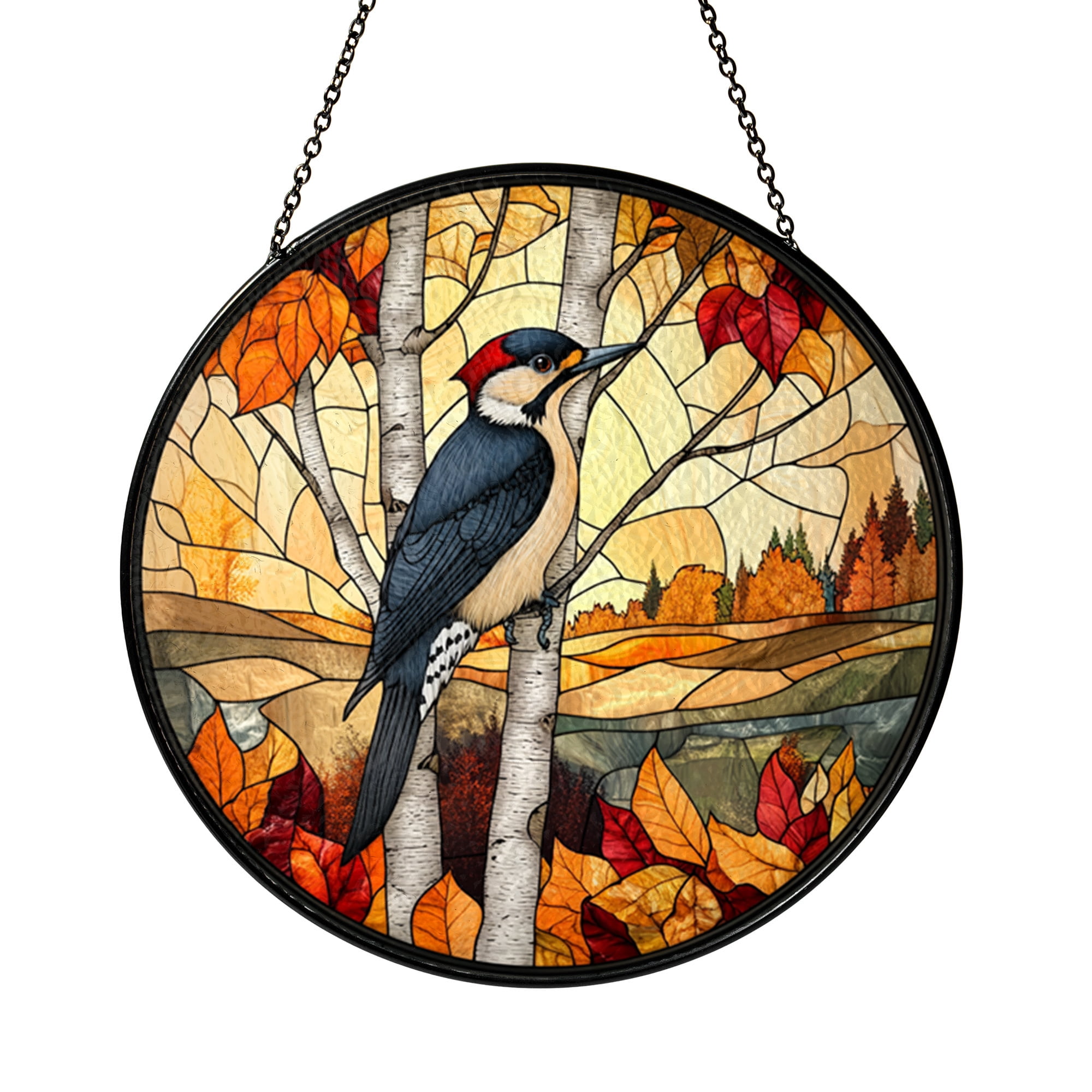 Woodpecker Forest Scene Stained Glass Suncatcher, Wildlife Window ...