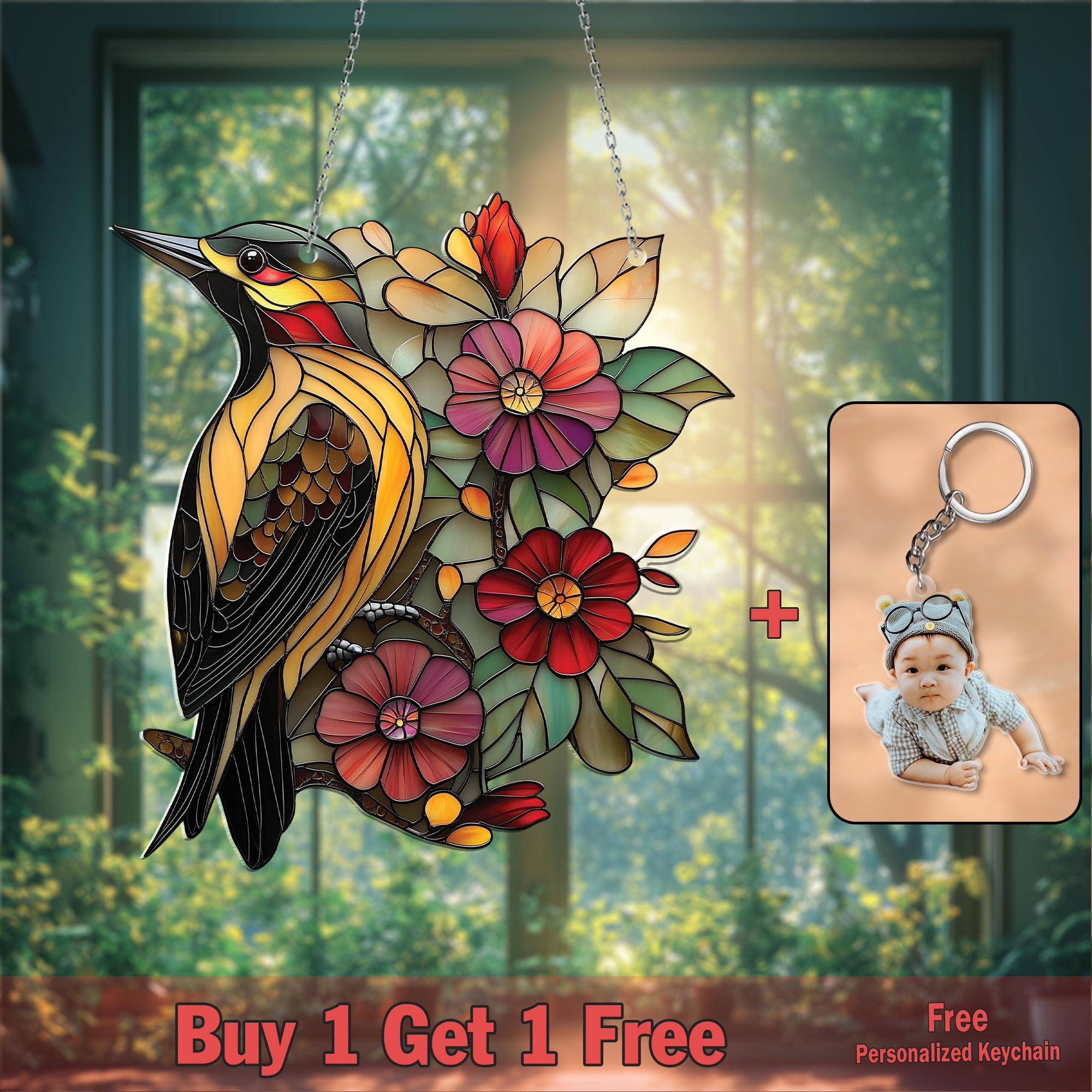 Woodpecker Window Hanging - Stunning Woodpecker Suncatcher with Floral ...