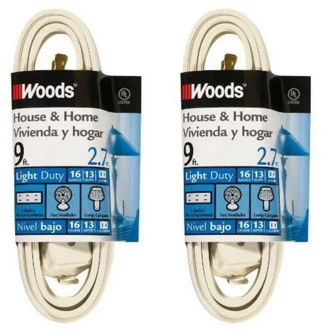 Woods 0601W 16/2 Gauge 9-Foot White Cube Tap 2-Piece Extension Cord, 2 ...