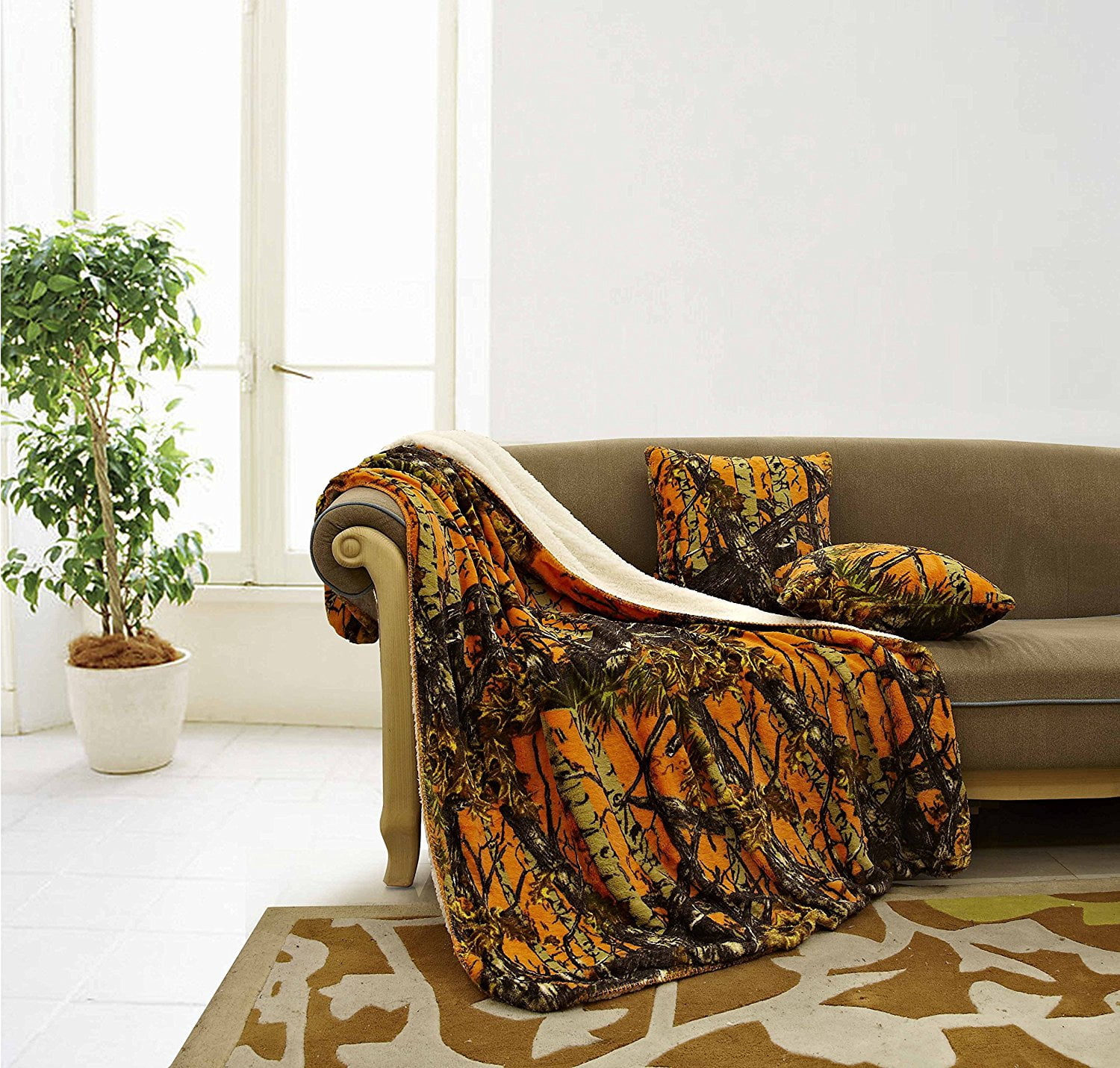 The Woods Luxury 3pc Set Orange Sherpa 50"x70" Fleece Blanket and 18 ...