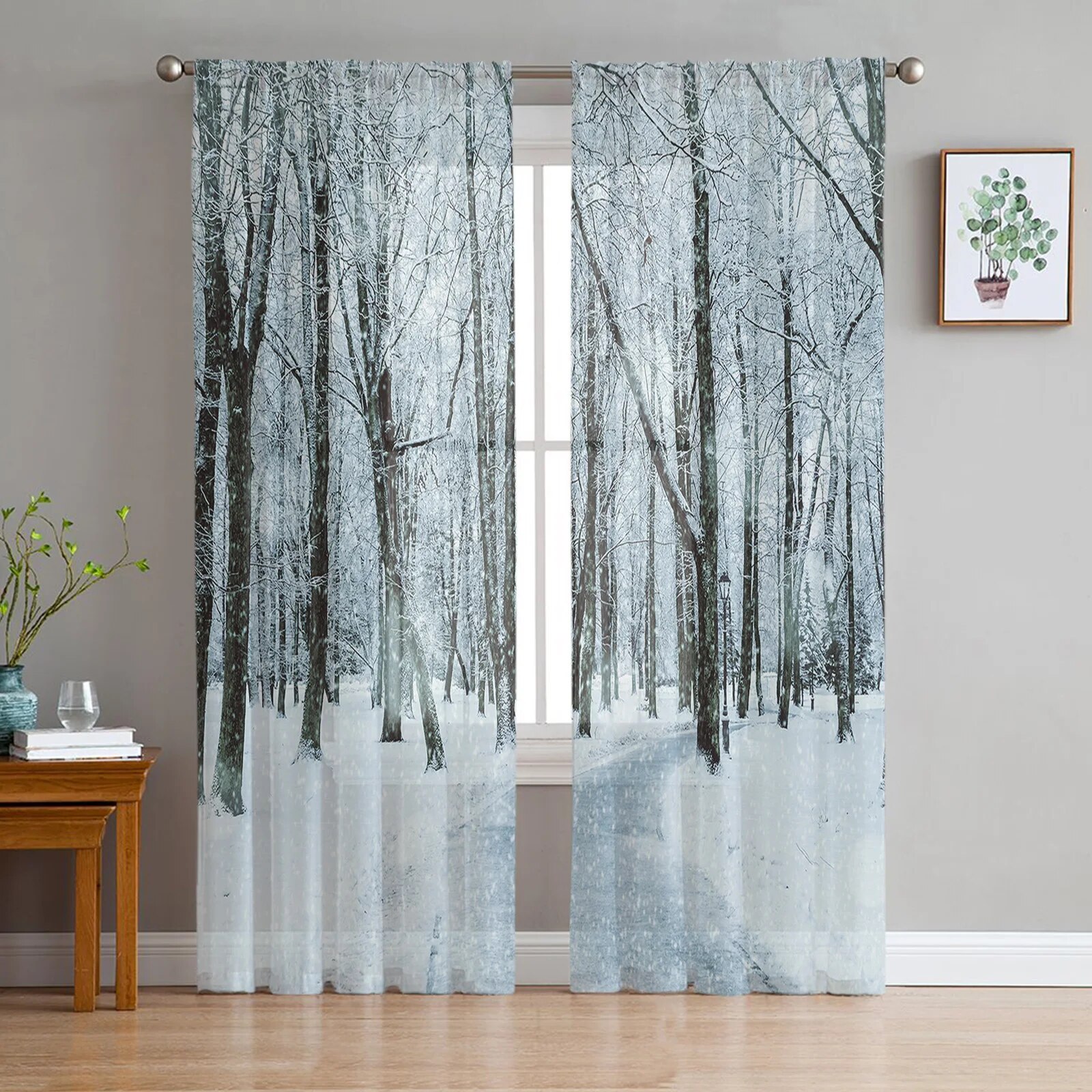 Woods Snow Scene Tulle Curtains for Living Room Bedroom Decor ...