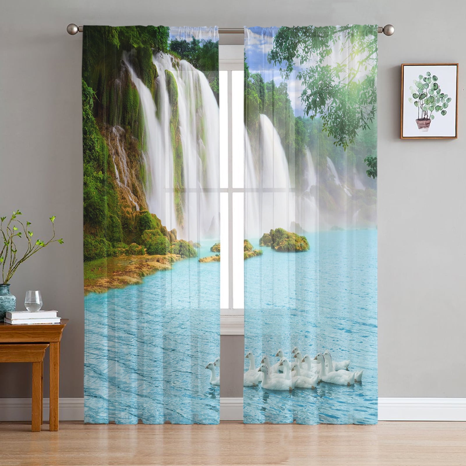 Woods Waterfall Swan Printed Curtains Drape Sheer Tulle Home ration ...