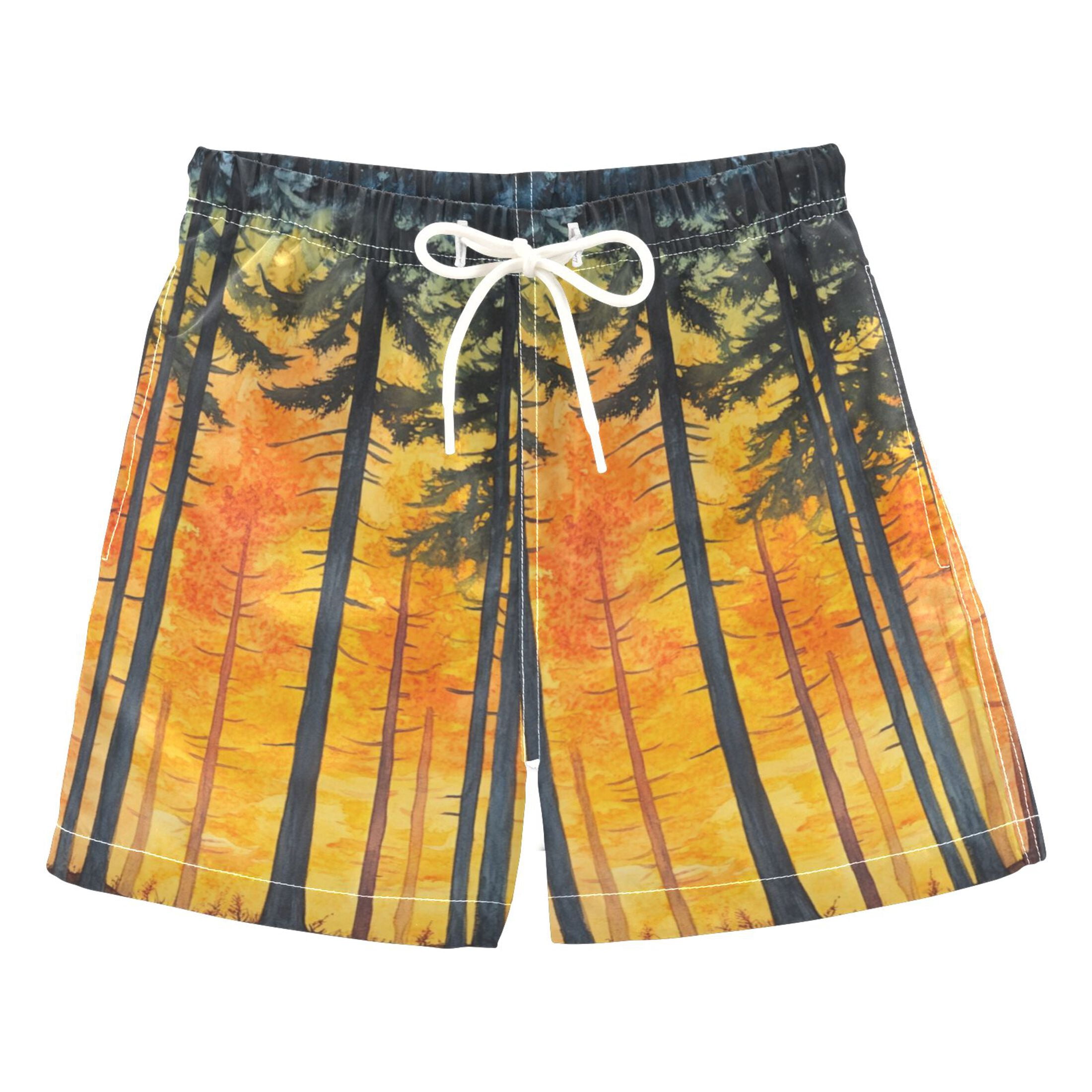 Woods and Sunset Watercolor Boys Swim Trunks Quick Dry Boy Swim Shorts ...