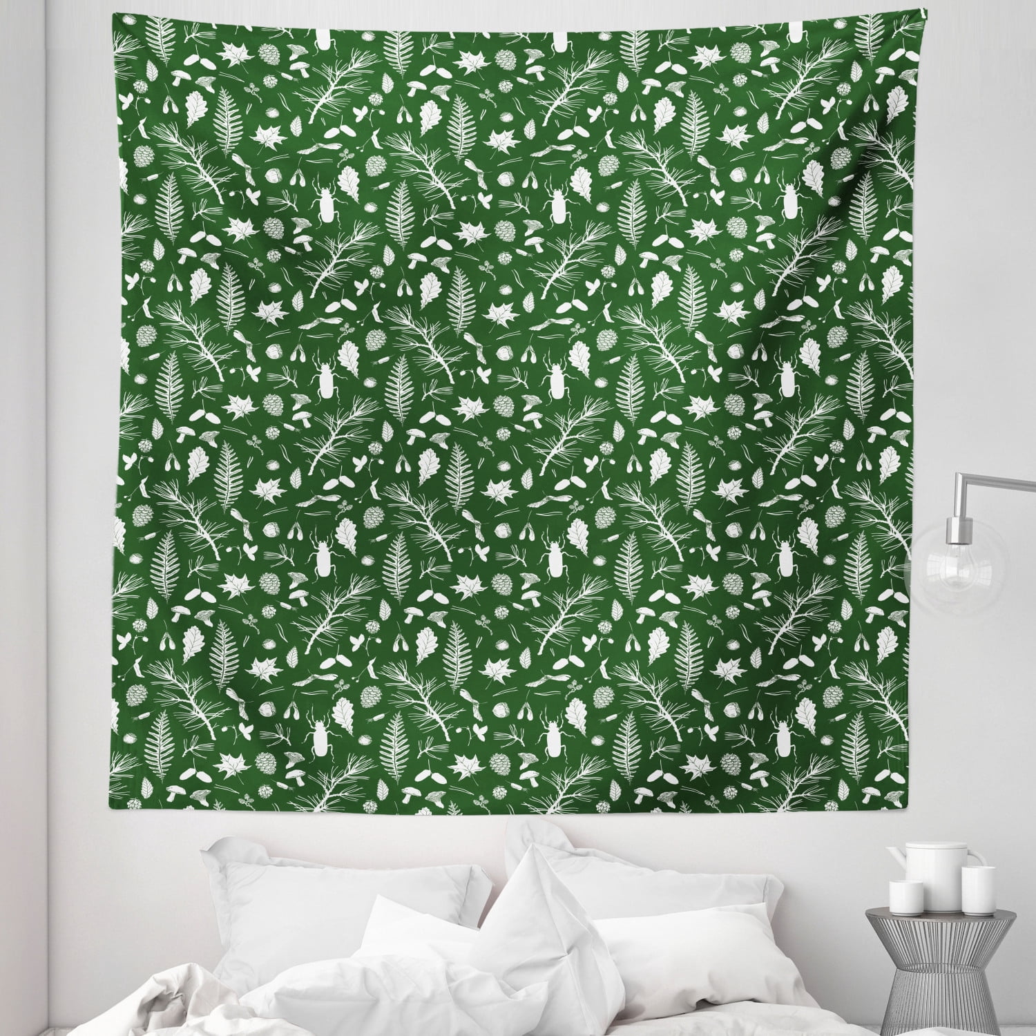 Woodsy Tapestry, Forest Objects Leaves Twigs Pine Cones Beatles Drawn ...