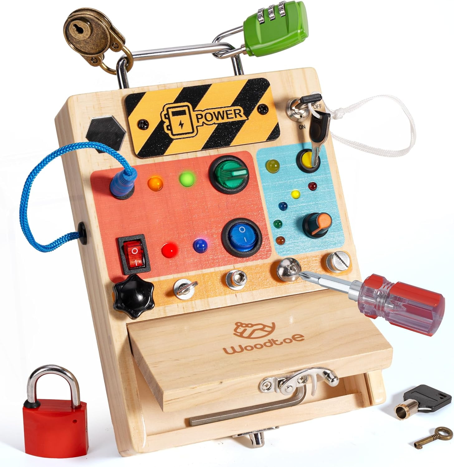 Woodtoe 3-in-1 Busy Board with Led Light Switch, Montessori Toddler ...